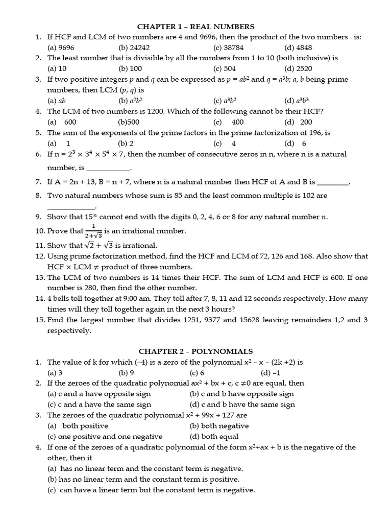 Class 10 Le Chapters 1 - 5 | PDF | Numbers | Polynomial