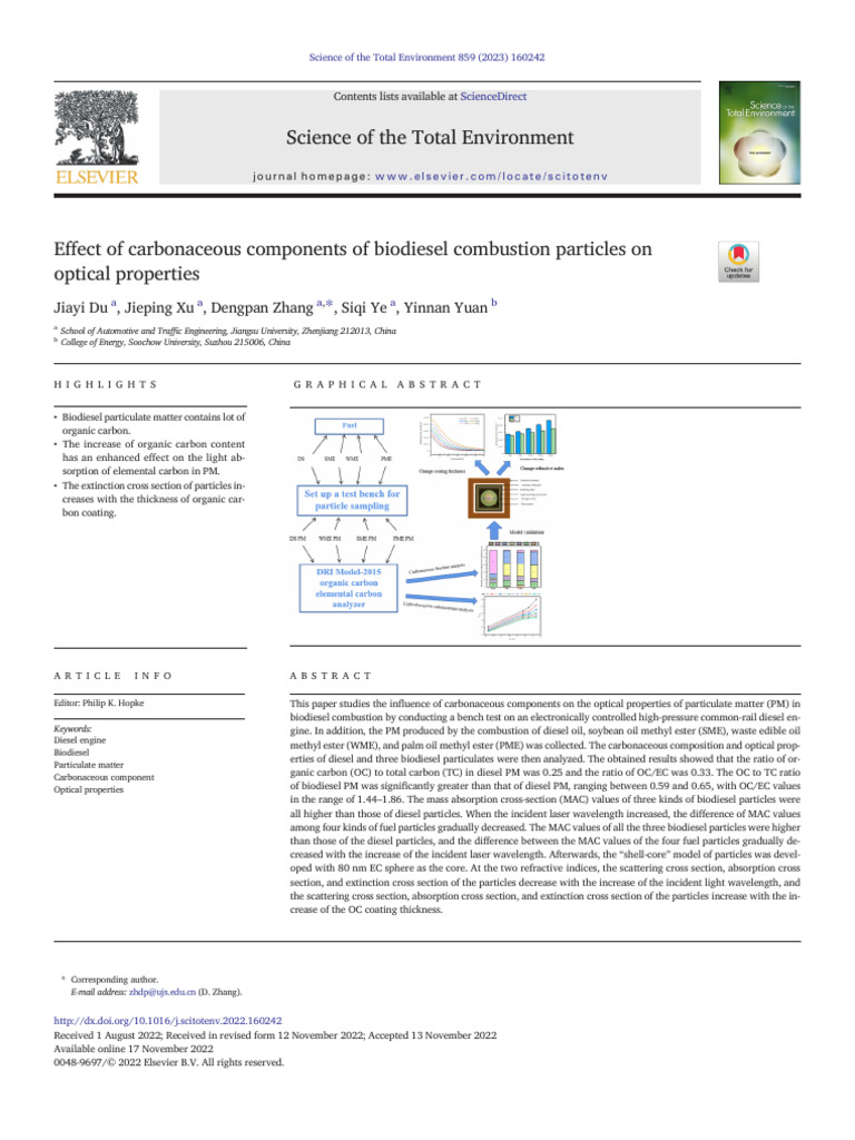 Effect of Carbonaceous Components of Biodiesel Combustion Particles On ...