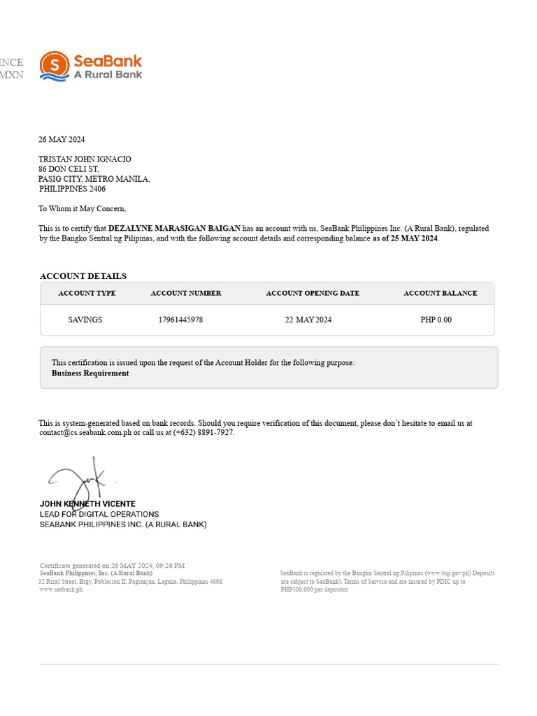 Bank Certificate SeaBankPH 20240526 | PDF