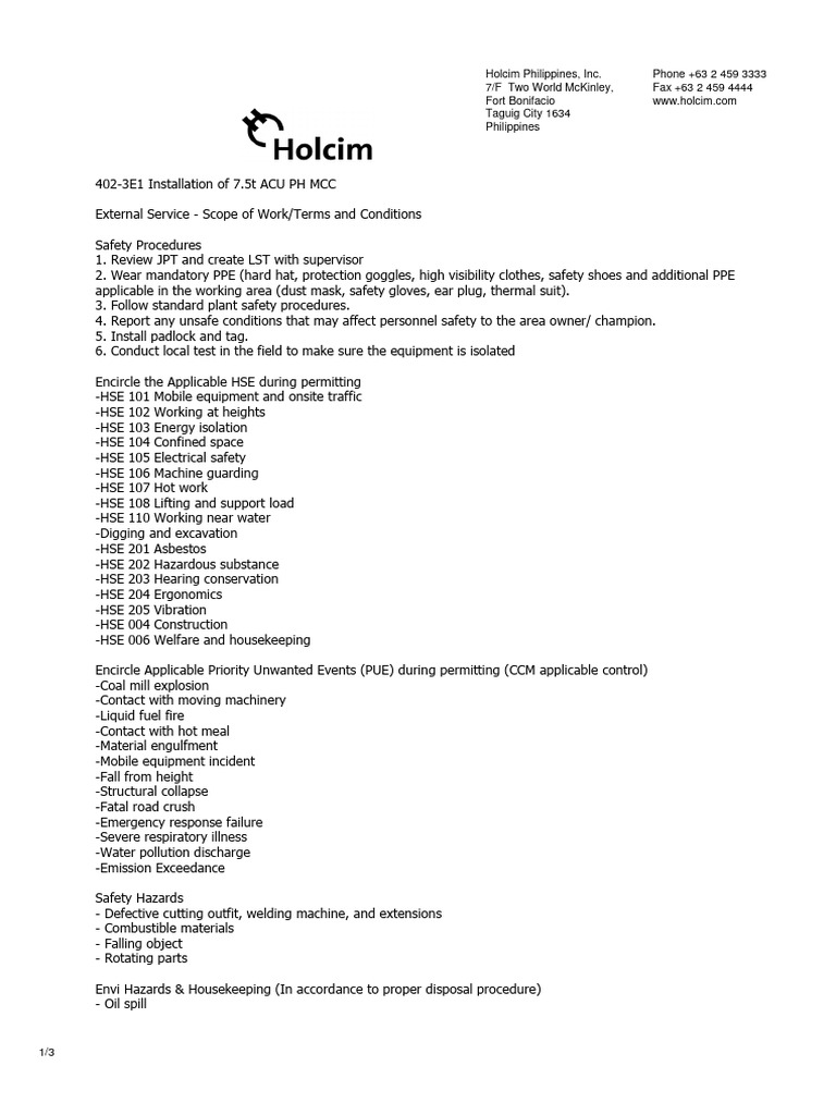 SCOPE OF WORK PR 2500372056 - 402-3E1 Installation of 7.5t ACU PH MCC ...