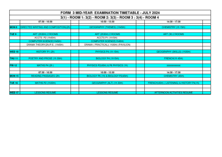 Mid-Year Examinations Timetable July 2024 - Form 3 | PDF | Social Science