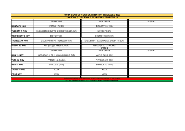 Arundel Internal End of Year Examinations Timetable-2023 FORM 2 | PDF