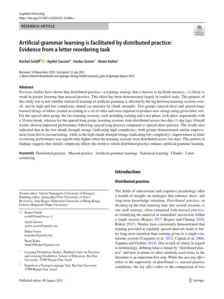 Artifcial grammar learning is facilitated by distributed practice | PDF ... Artifcial grammar learning is facilitated by distributed practice | PDF ...