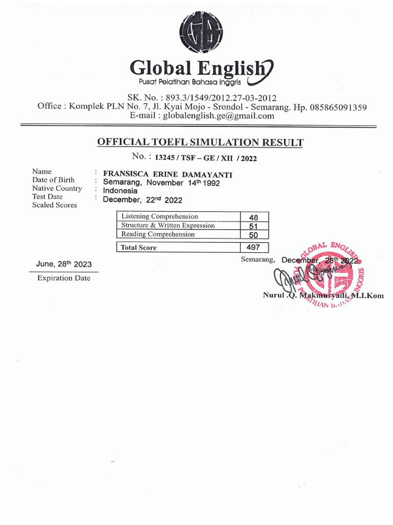 TOEFL Fransisca Erine | PDF