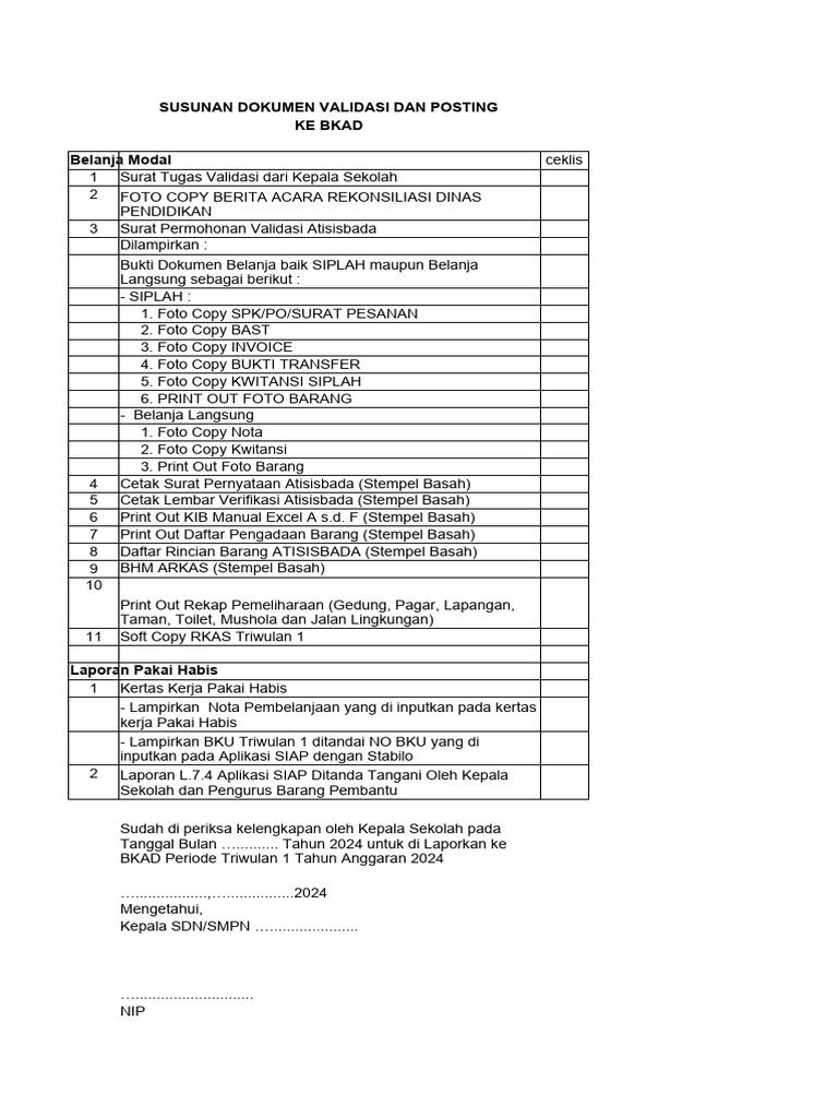 Kelengkapan Dokumen Validasi Posting Dan Lap. Pakai Habis 2024 - REVISI | PDF