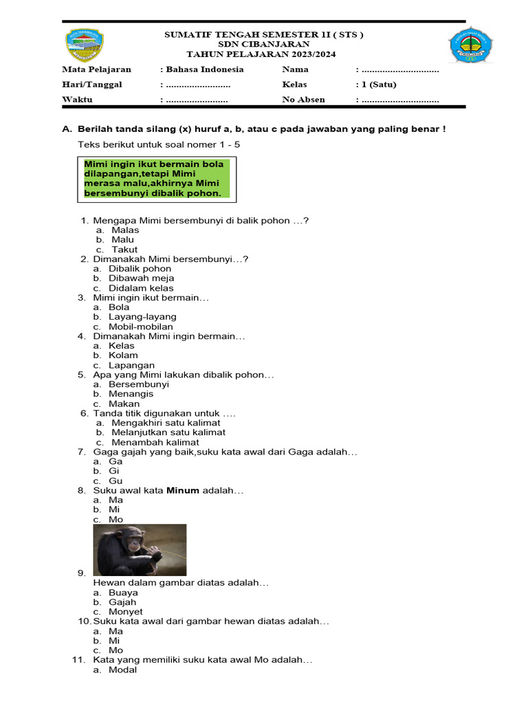 STS B. Indonesia Kelas 1 | PDF