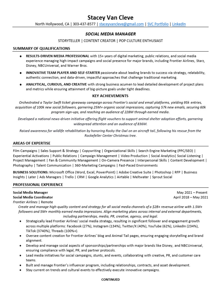 Stacey Van Cleve Resume Social Media Manager Hulu | PDF | Social Media ...