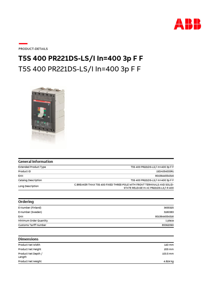 1SDA054333R1 t5s 400 pr221ds Ls I in 400 3p F F | PDF | Power (Physics ...