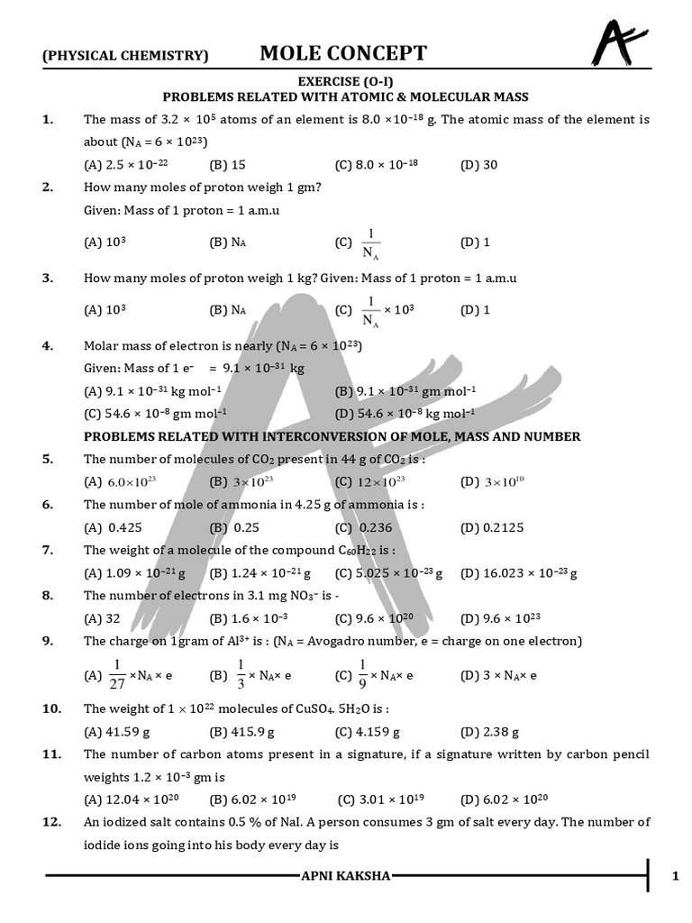 Mole concept sheet (Exercise) | PDF | Mole (Unit) | Molecules