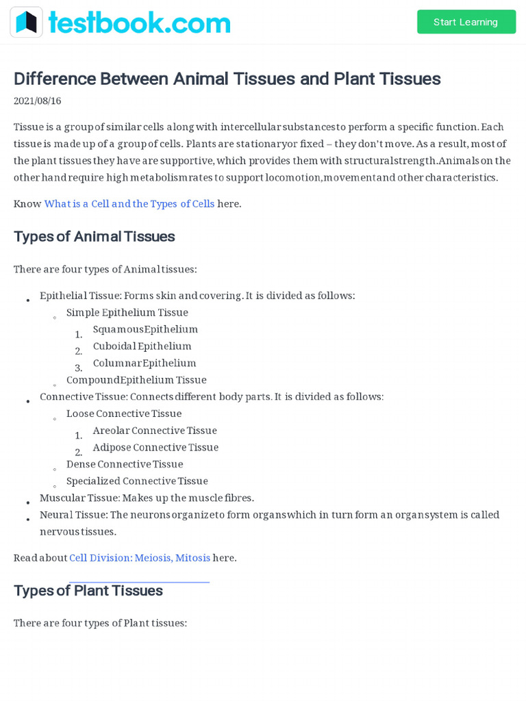 Biology Difference Between Animal and Plant Tissues | PDF