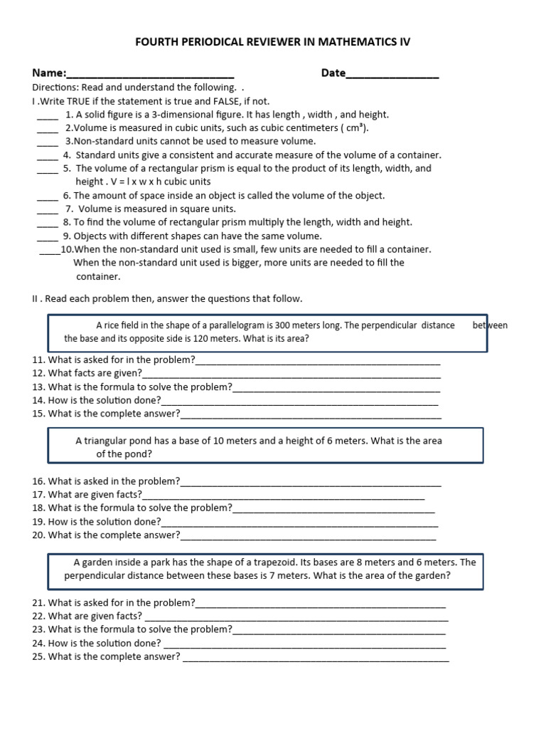 Pt Mathematics 4 Q4 V2 Pdf Volume Area