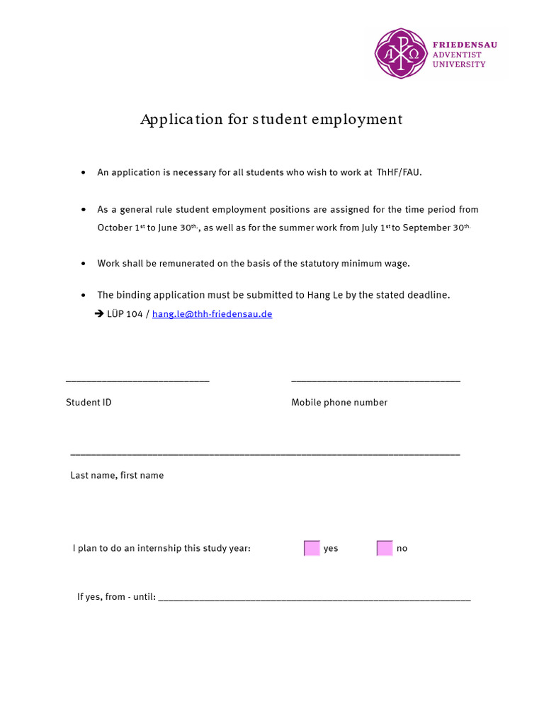 Application For Student Employment 2024 | PDF | Labor | Business