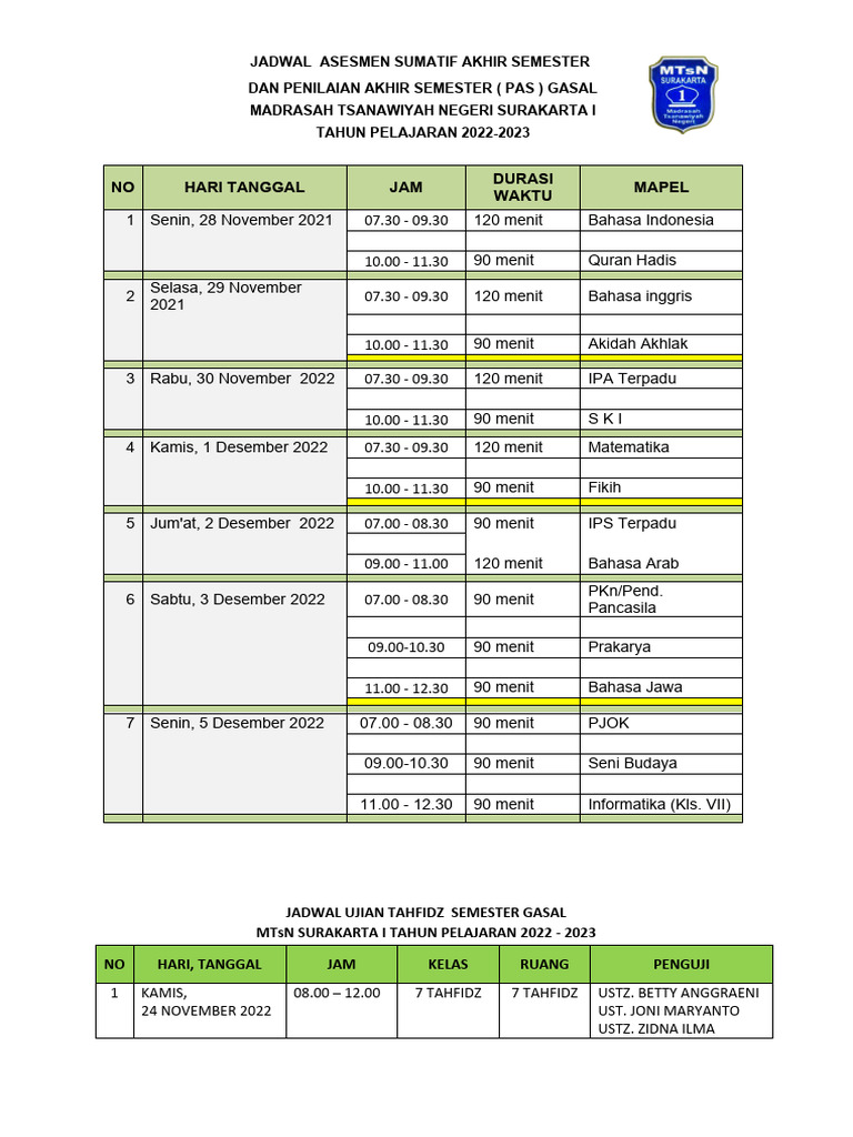 Jadwal Asesmen Sumatif Akhir Semester | PDF