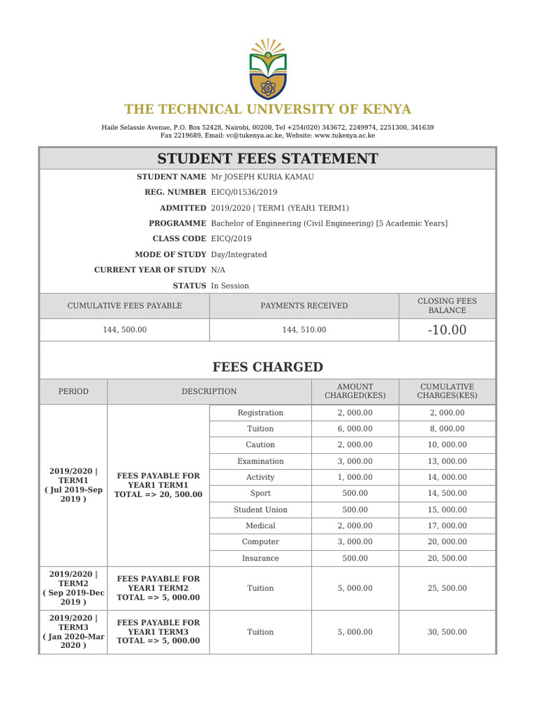 Fees-Statement-EICQ 01536 2019 | PDF | Tuition Payments | Education Economics