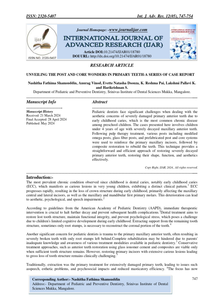 UNVEILING THE POST AND CORE WONDERS IN PRIMARY TEETH-A SERIES OF CASE ...