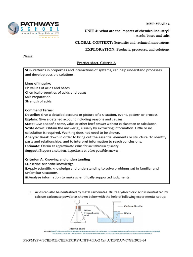 Practice Sheet Crit A - 2023-24 | PDF | Sodium Carbonate | Acid