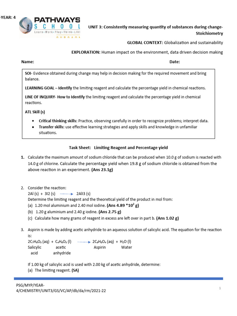 Task_Sheet 8b - Limiting_reagent_Percentage_Yield_1 | PDF | Aspirin ...