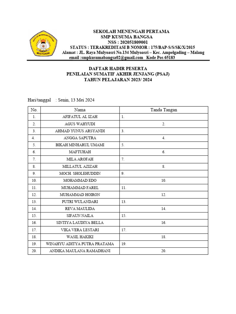 Daftar Hadir SMP | PDF