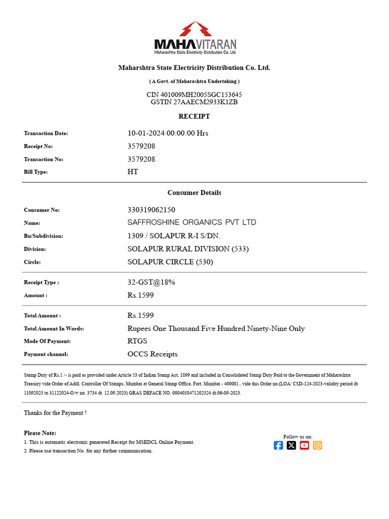 Payment Receipt Rs.1599 | PDF