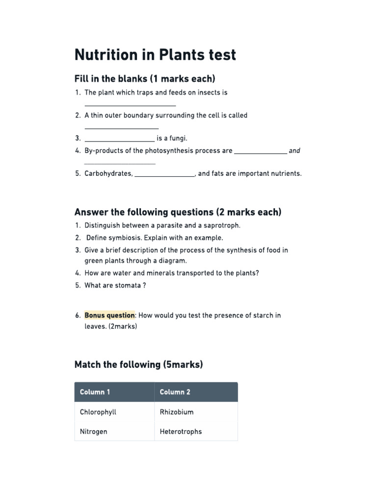 Nutrition in Plants test | PDF