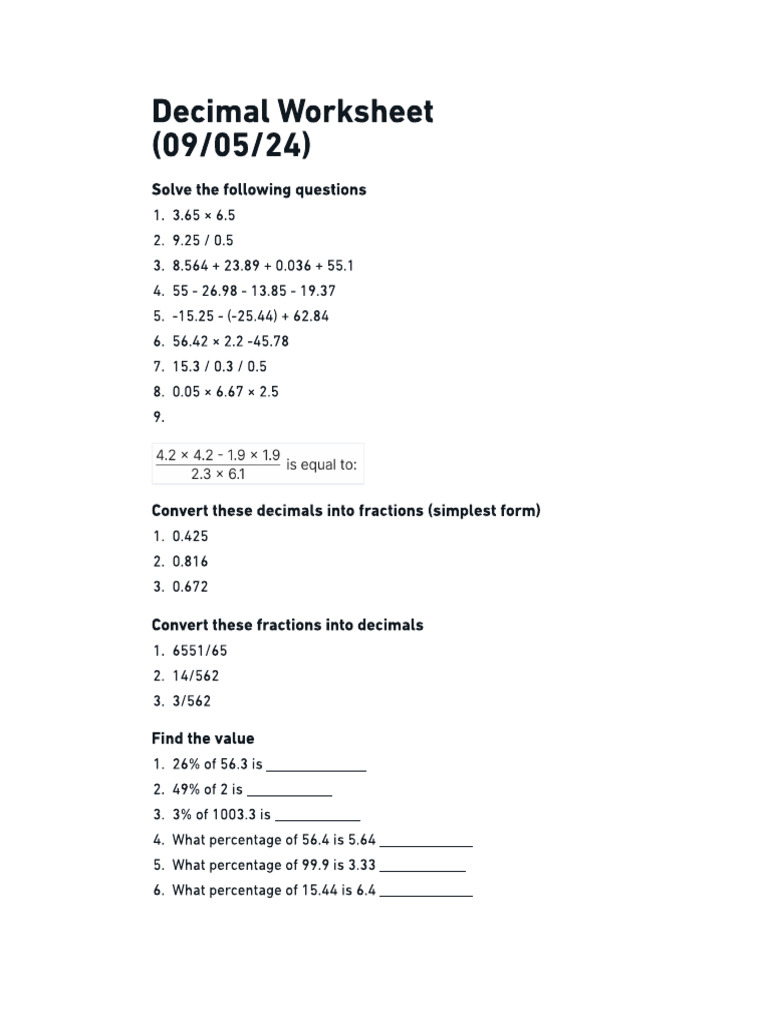 Decimal Worksheet (09 - 05 - 24) | PDF