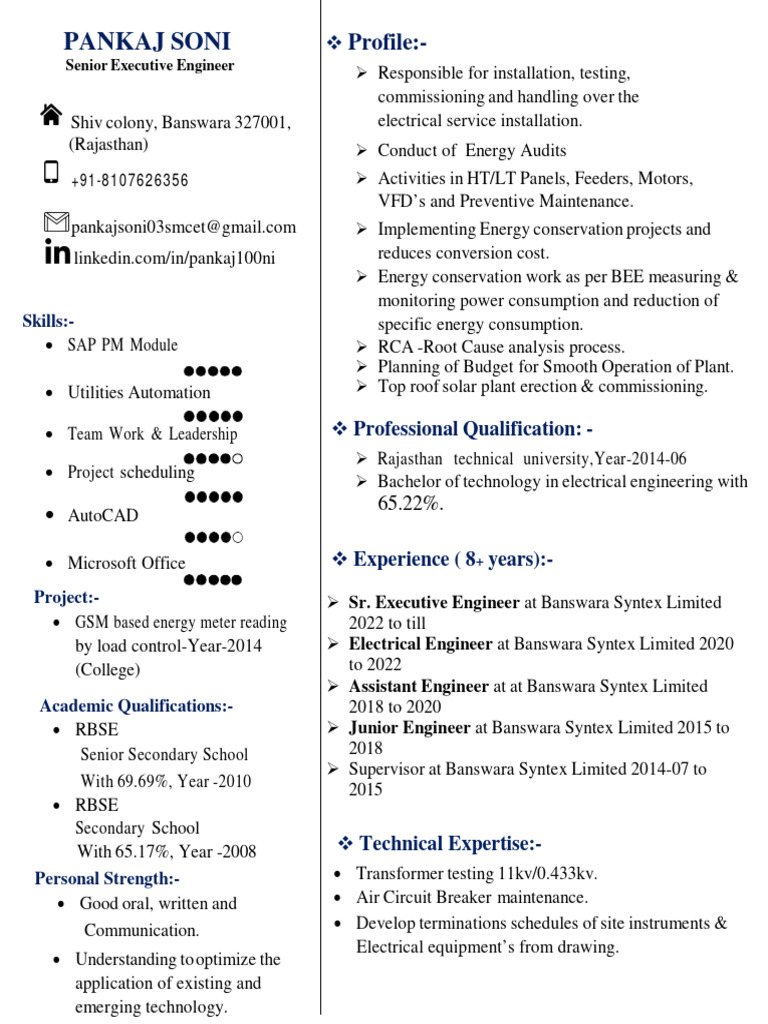 Pankaj Soni Resume | PDF | Electrical Resistance And Conductance ...