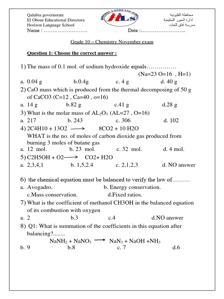Chemistry Grade 10 November Exam | PDF | Mole (Unit) | Sodium Hydroxide