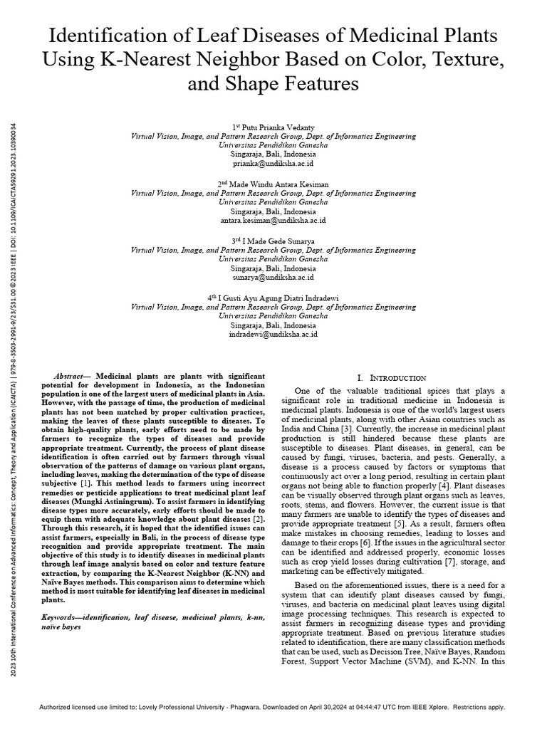 Identification of Leaf Diseases of Medicinal Plants Using K-Nearest Neighbor Based On Color ...
