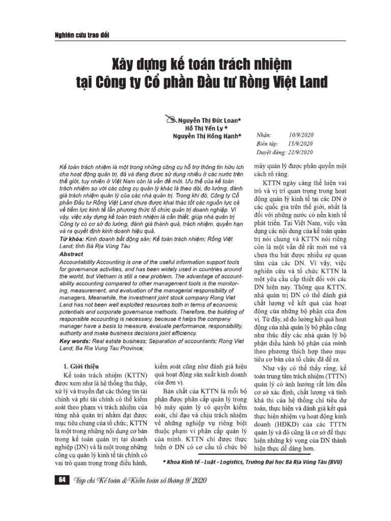 Xay Dung Ke Toan Trach Nhiem Tai Cty CP Dau Tu Rong Viet Land | PDF