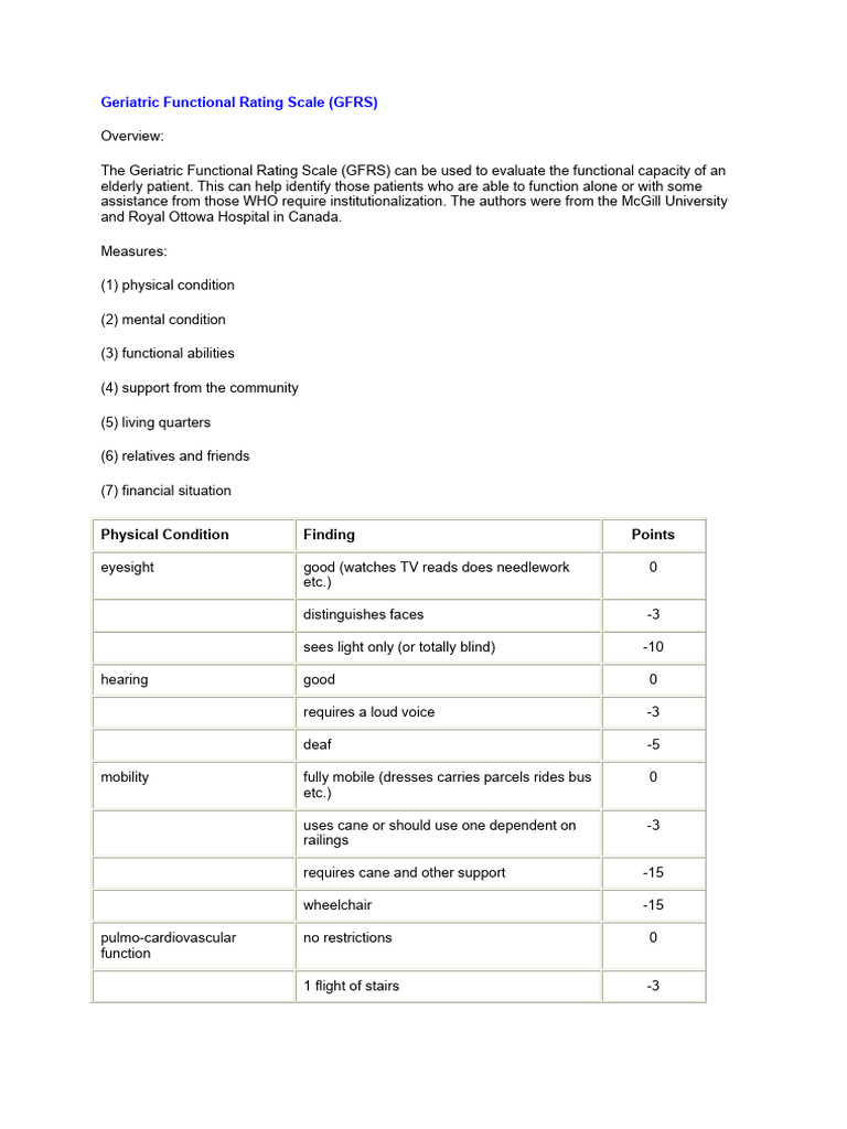 Geriatric Functional Rating Scale (GFRS) | PDF | Geriatrics | Visual ...
