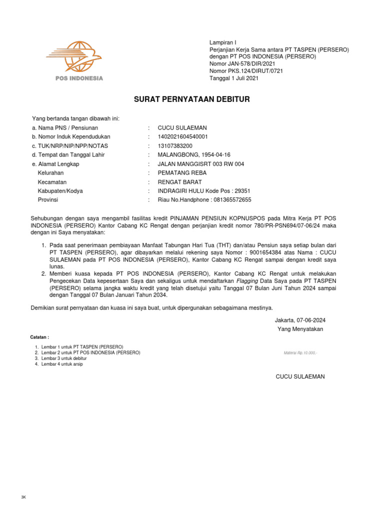 Form Surat Pernyataan Debitur Flagging PT Taspen Dan PT Asabri | PDF