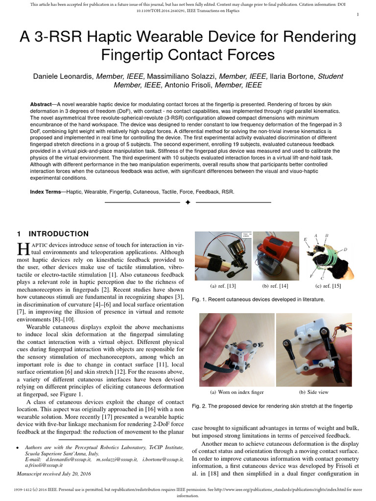 A 3 Rsr Haptic Wearable Device For Rendering Fingertip Contact Forces