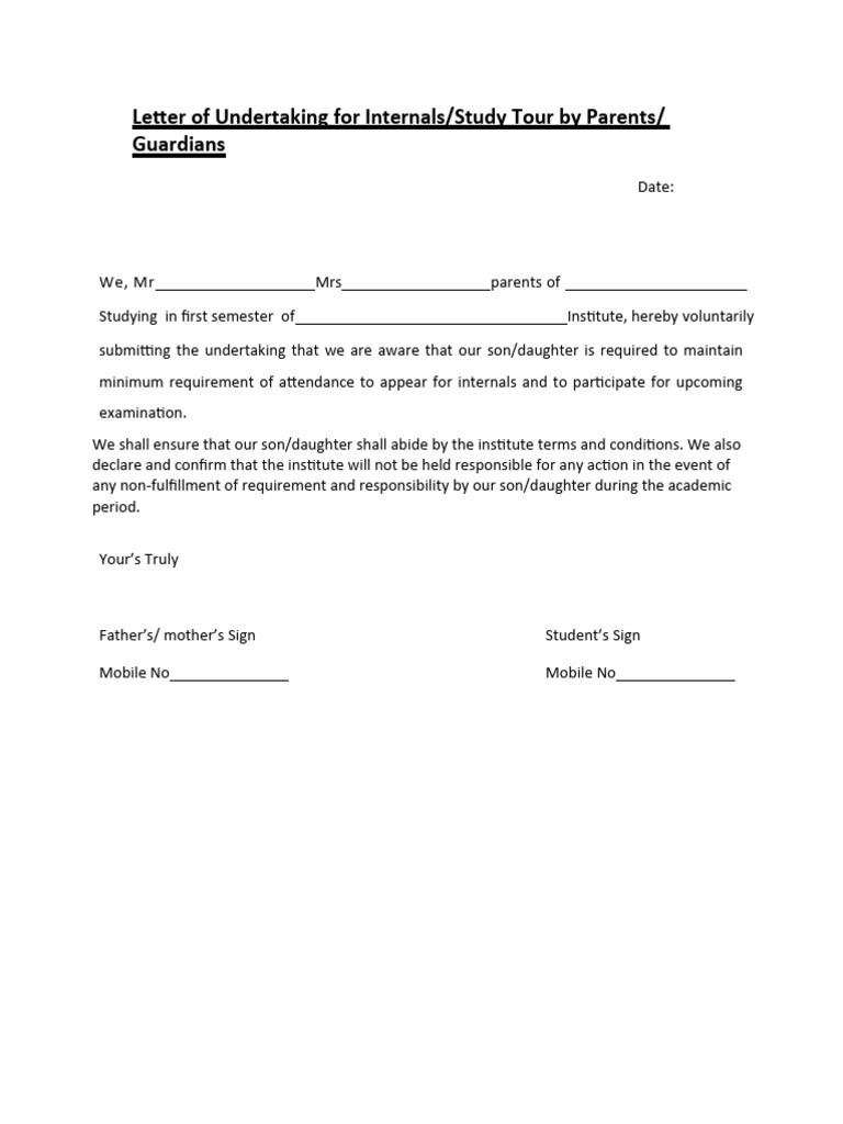 Letter of Undertaking For Study Tour by Parents & Students | PDF