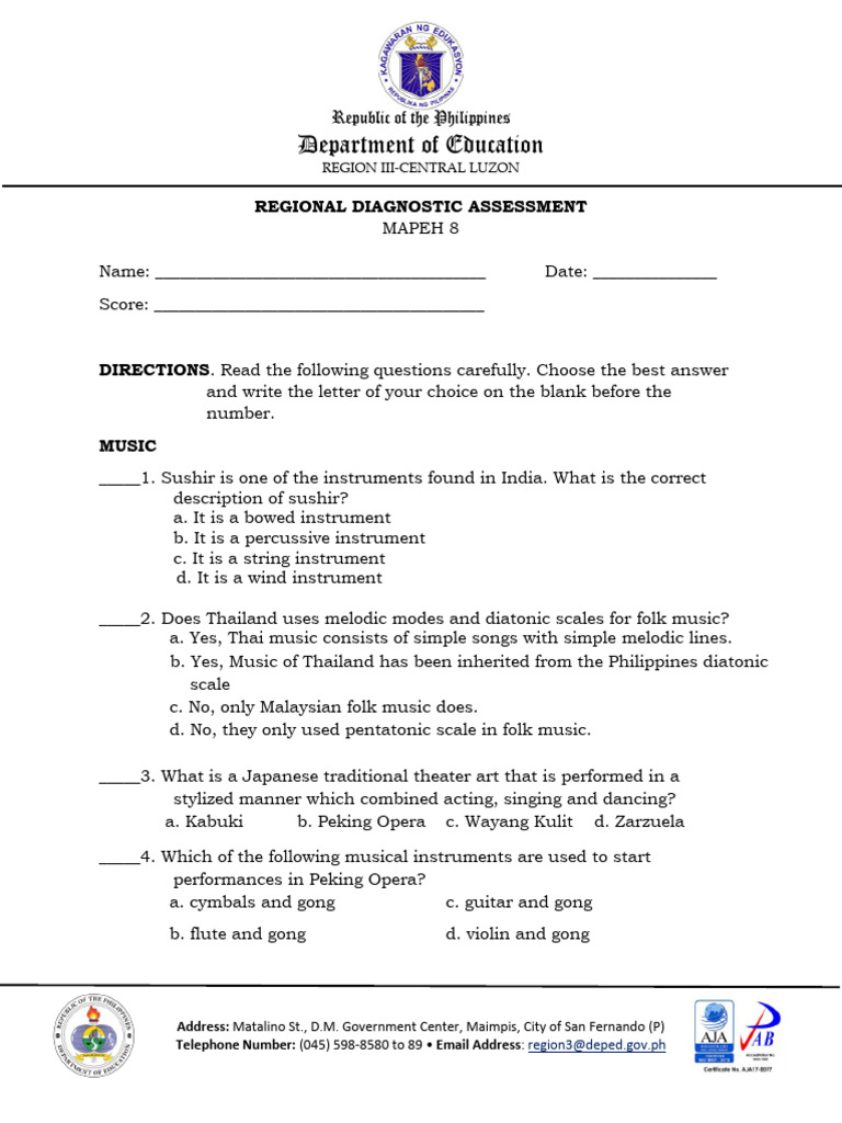 Grade - 8 MAPEH Assessment Tool | PDF | Musical Instruments | Physical ...