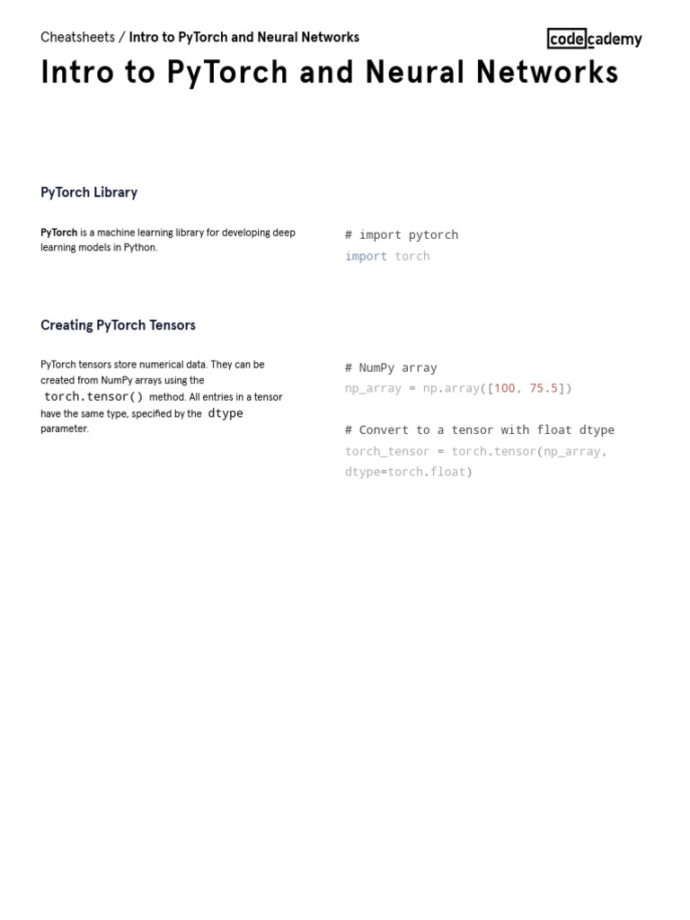 Intro To PyTorch and Neural Networks - Intro To PyTorch and Neural Networks Cheatsheet ...