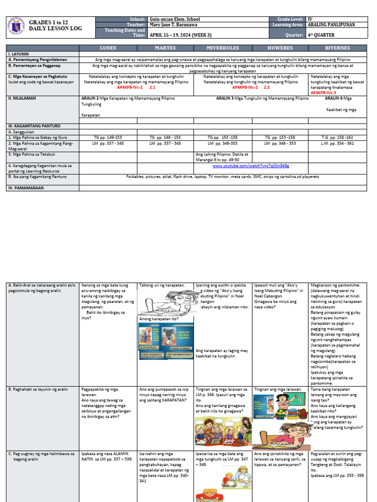 DLL - Araling Panlipunan 4 - Q4 - W3 | PDF