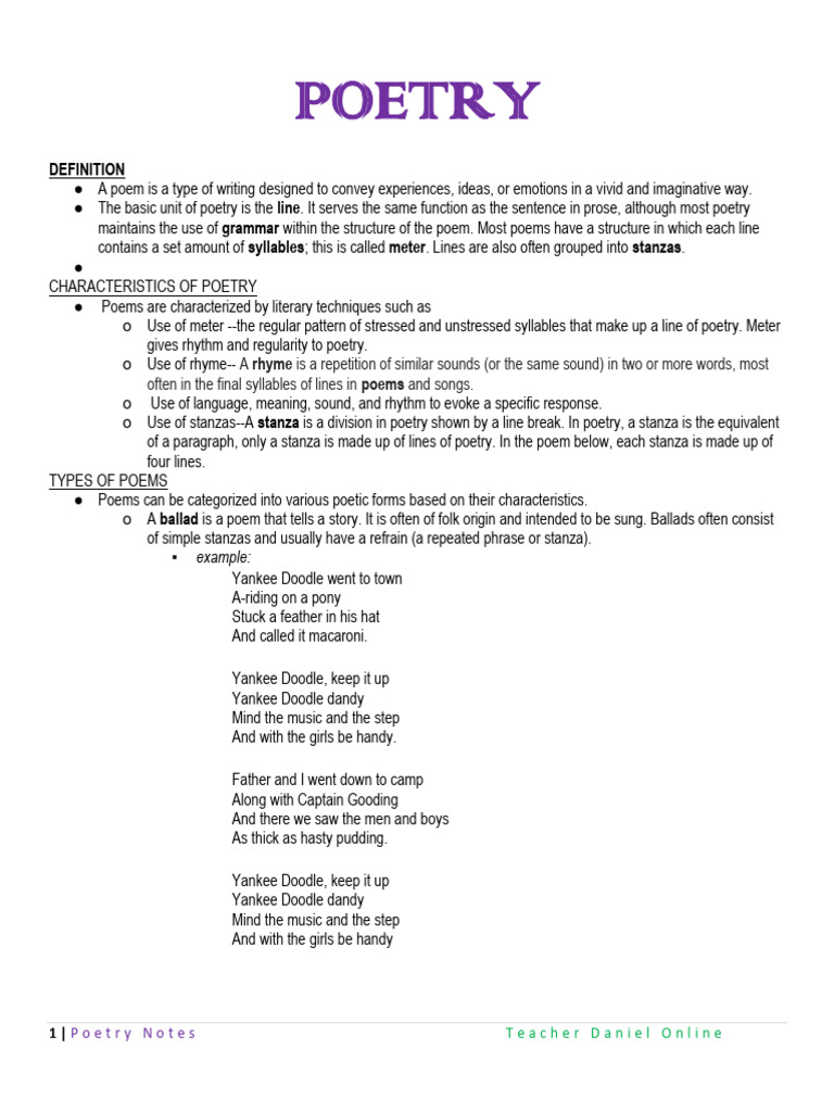 Poetry Notes | PDF | Poetry | Metre (Poetry)