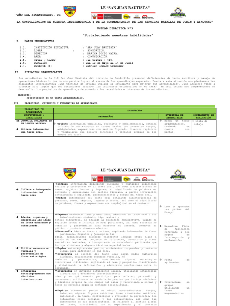 4º Sec Unidad #3 2024 SJB - Docxcvg. | PDF | Aprendizaje | Evaluación