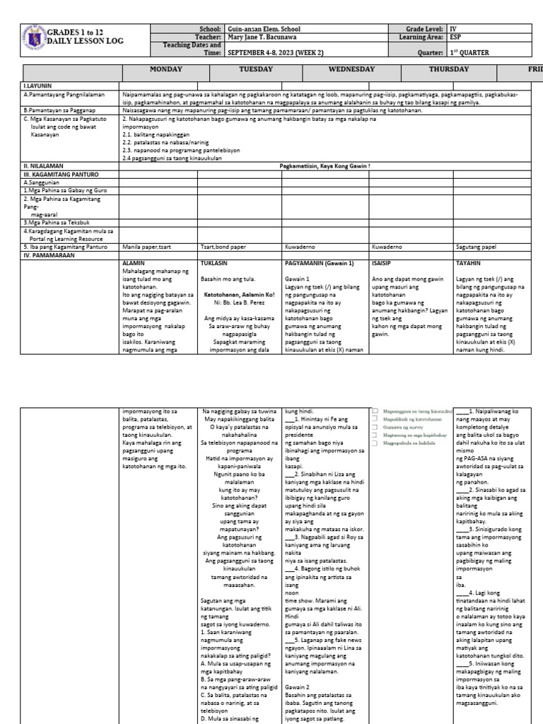 DLL - Esp 4 - Q1 - W2 | PDF