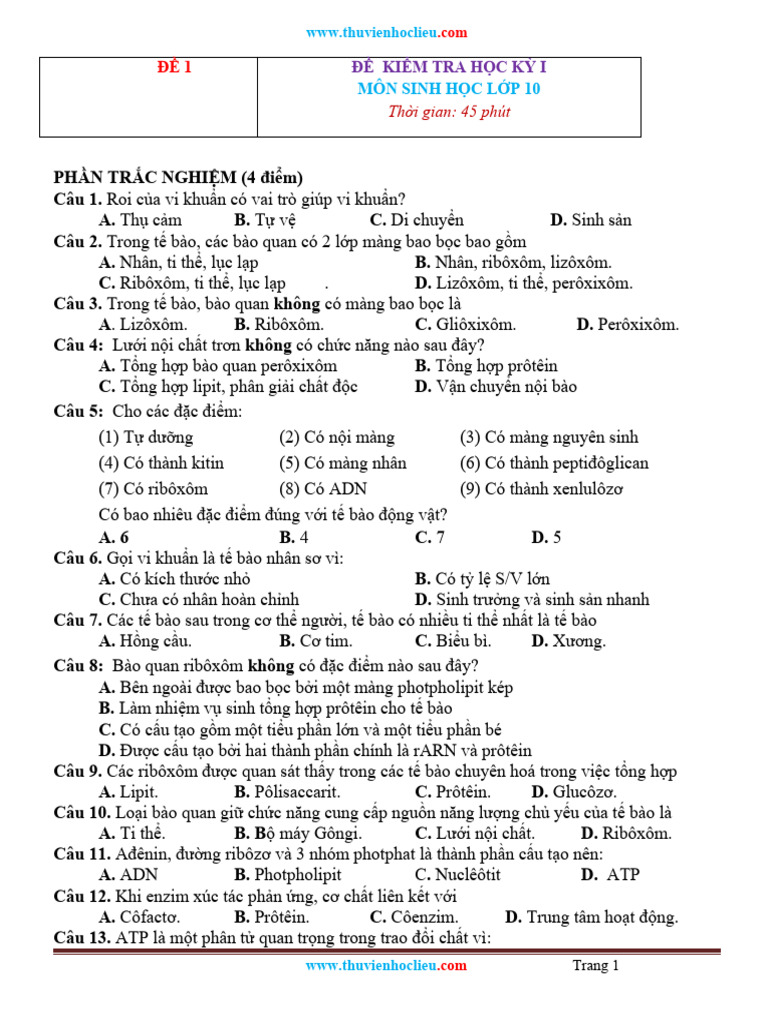 10 de Thi HK1 Sinh Hoc 10 Co Dap An | PDF