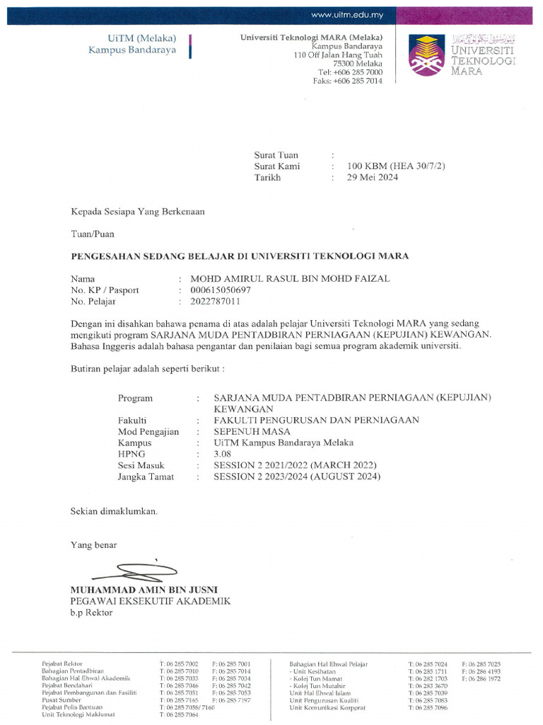 surat pengesahan tamat belajar di uitm-mohd amirul rasul mohd faizal (1) | PDF