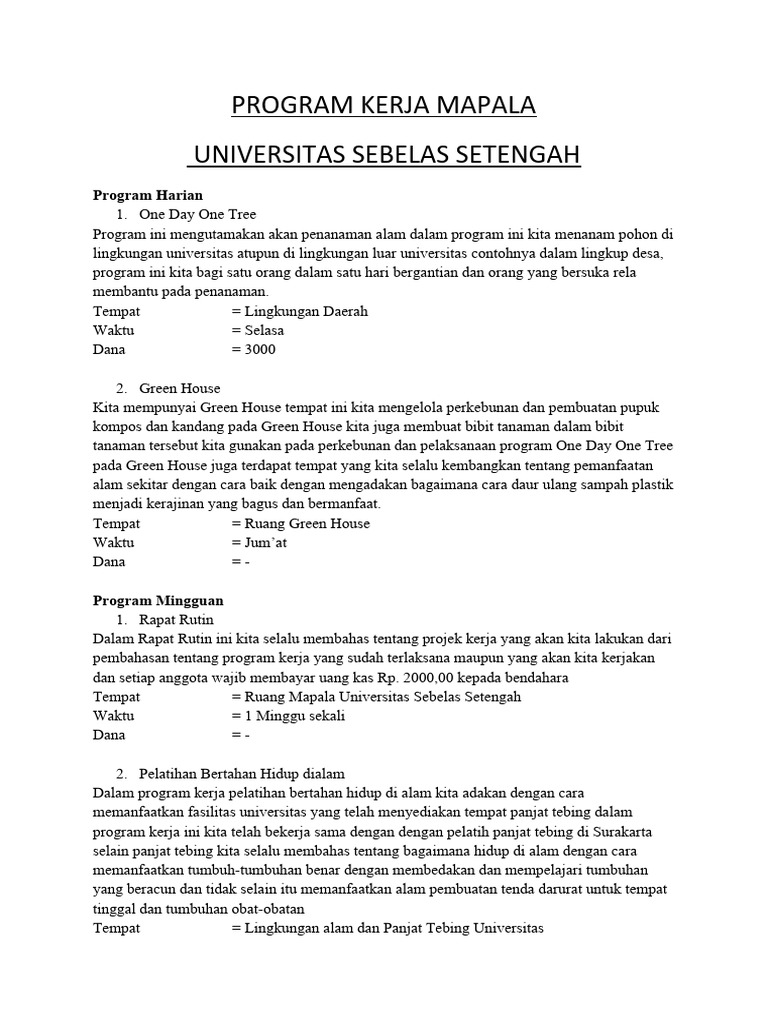 Program Kerja Mapala Universitas Sebelas Setengah | PDF
