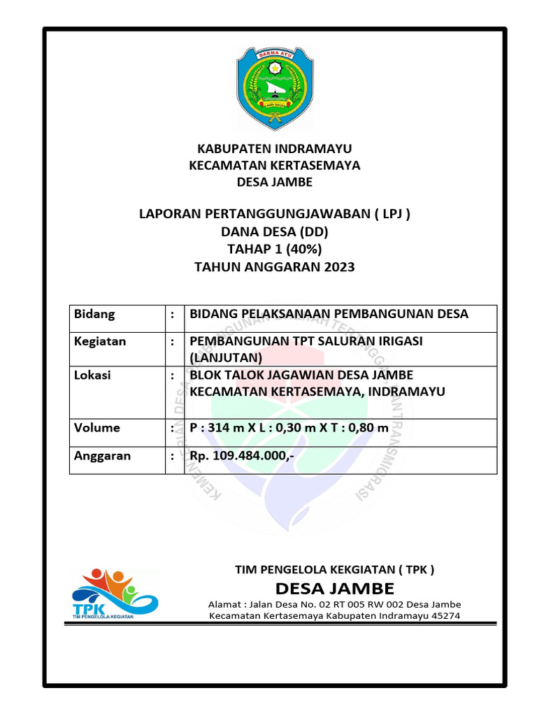 COVER SEKAT LPJ Pembangunan TPT (Lanjutan) Blok Talok Jagawian | PDF