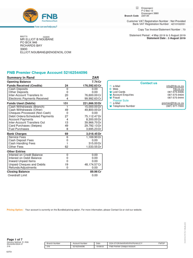 FNB Premier Cheque Account 70 | PDF | Debit Card | Cheque