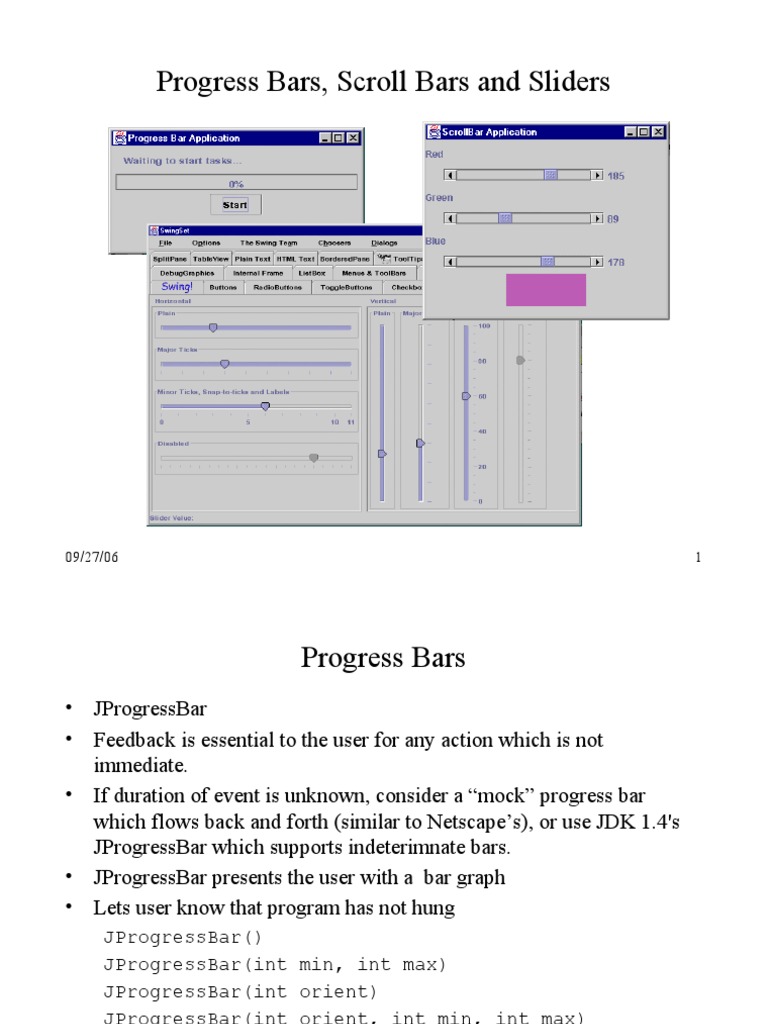 Progress Bars, Scroll Bars, Sliders and Spinners in Java GUI Components | PDF | Integer ...