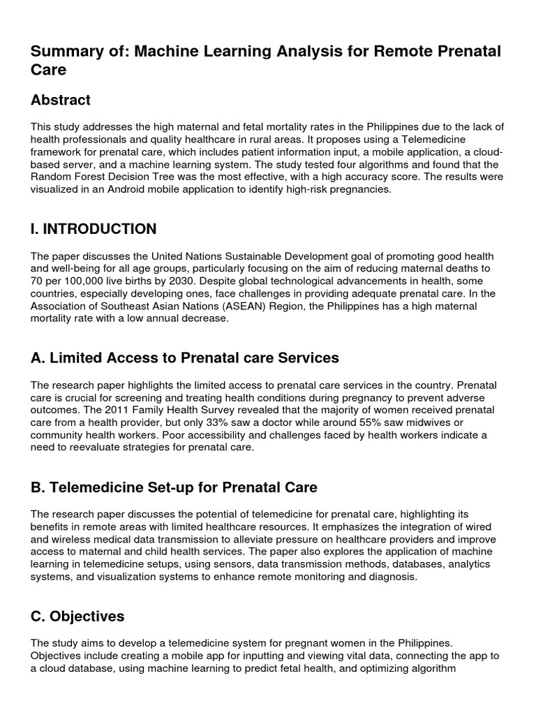 Summary of Machine Learning Analysis For Remote Prenatal Care | PDF ...