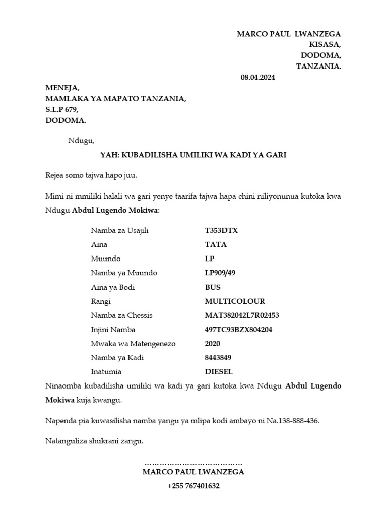 Barua Tra PAUL LWANZEGA | PDF