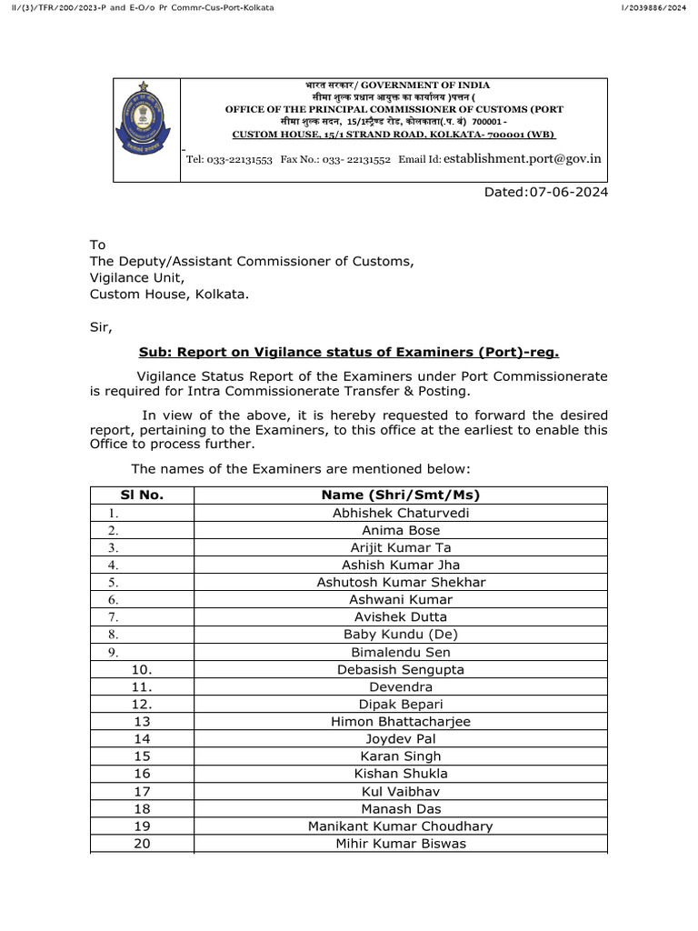 Sub: Report On Vigilance Status of Examiners (Port) - Reg.: Tel: 033 ...