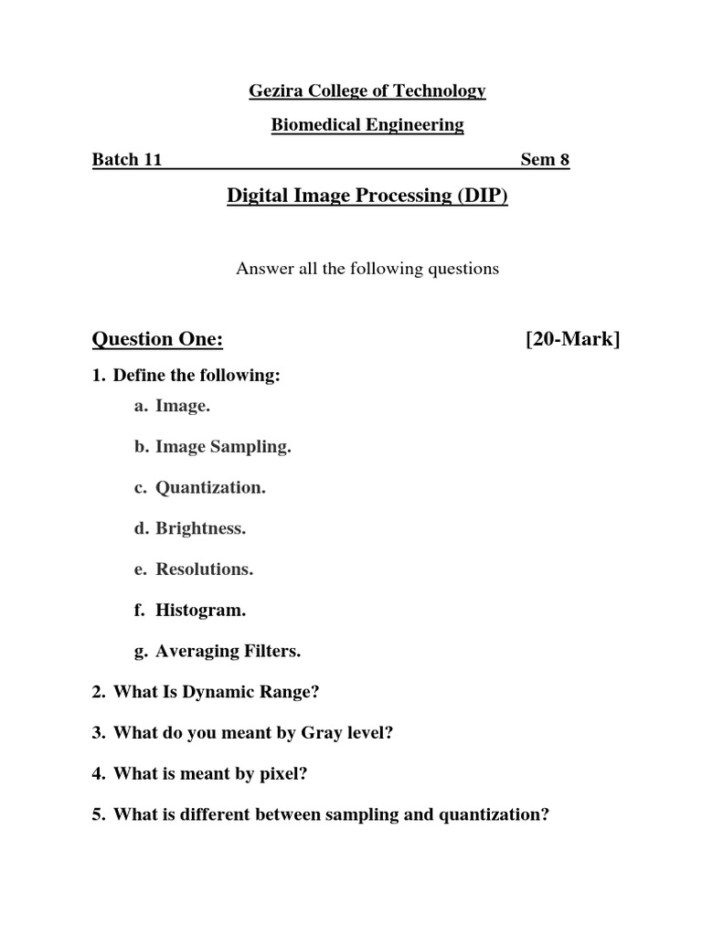 Final Exam of Digital Image Processing (DIP) 2023 | PDF