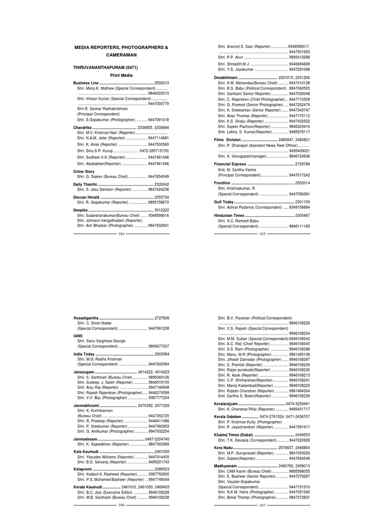 Kerala Media Reporters Contact List | PDF